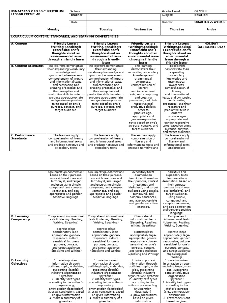 Grade 4-Q2W6 (Matatag DLL) - English | PDF | Reading Comprehension | Oceans