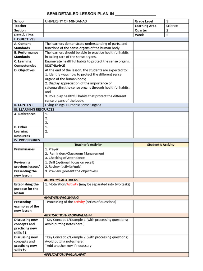 Detailed Lesson Plan Template 1 | PDF | Lesson Plan | Learning
