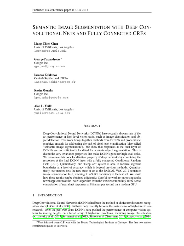 2015 Deeplab V1 Semantic Image Segmentation With Deep Convolutional Nets And Fully Connected