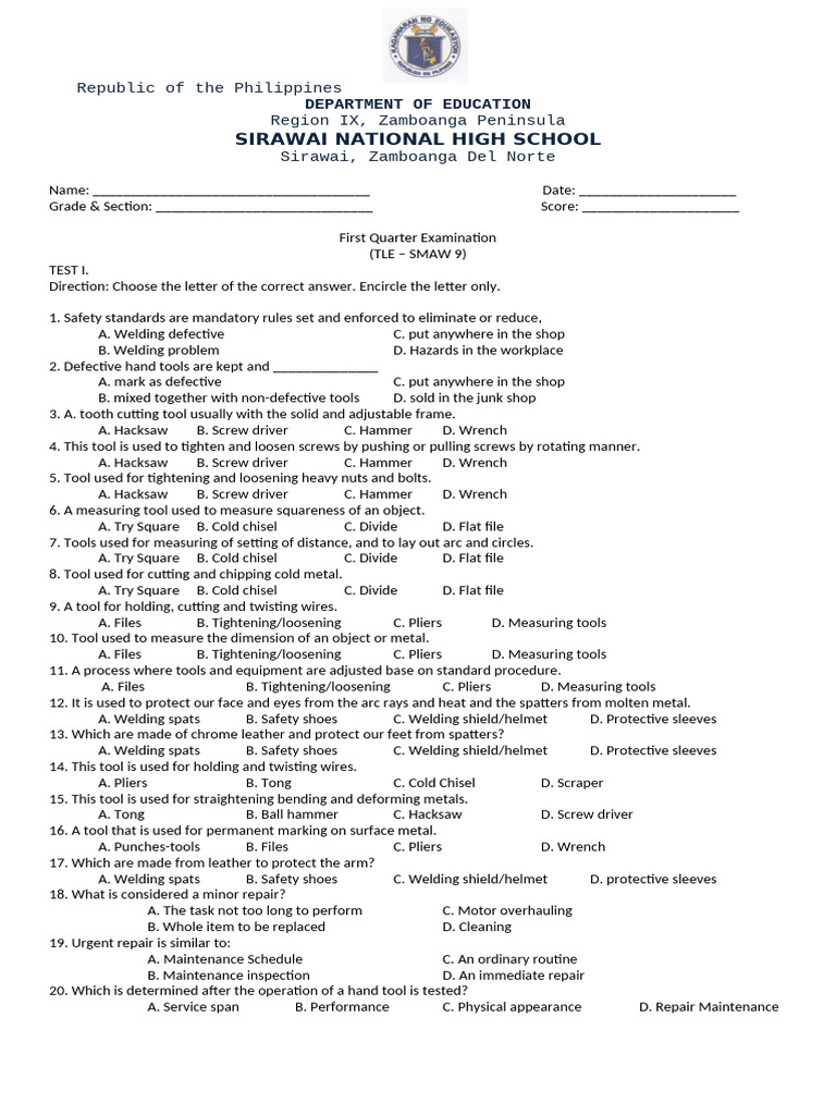1st Quarter Exam Smaw 9 2018-2019 | PDF | Hazards | Welding