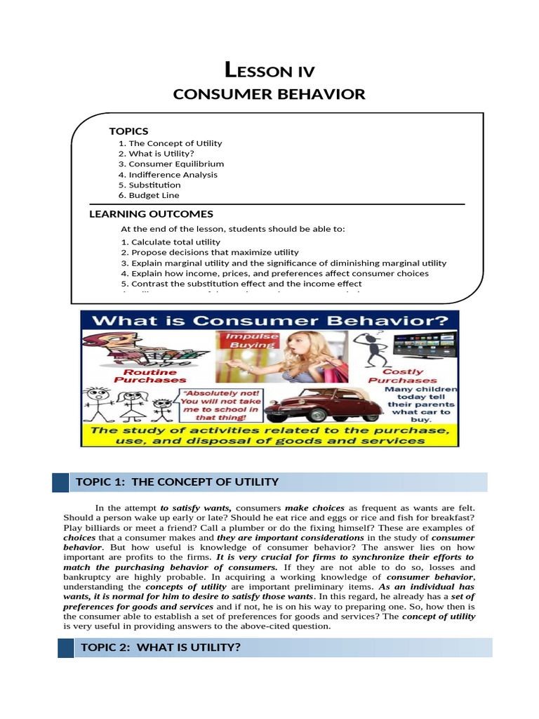 Lesson 4 Consumer Behavior | PDF | Utility | Marginal Utility