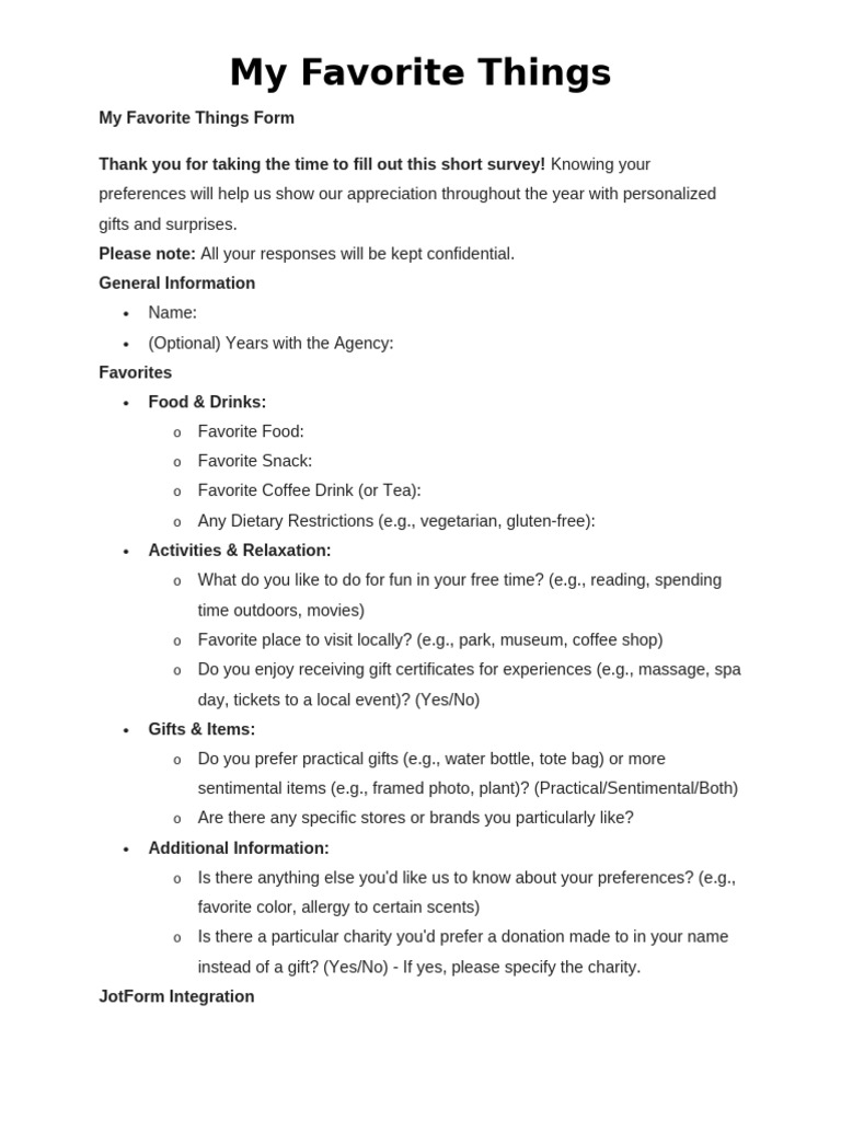 My Favorite Things Form | PDF | Gift | Caregiver