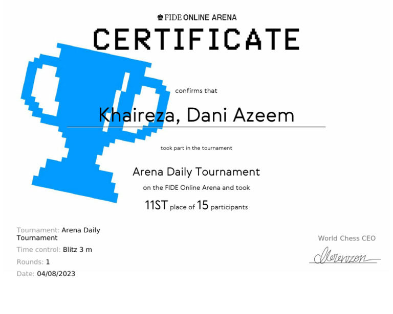 Certificate Arena Daily Tournament FOA | PDF