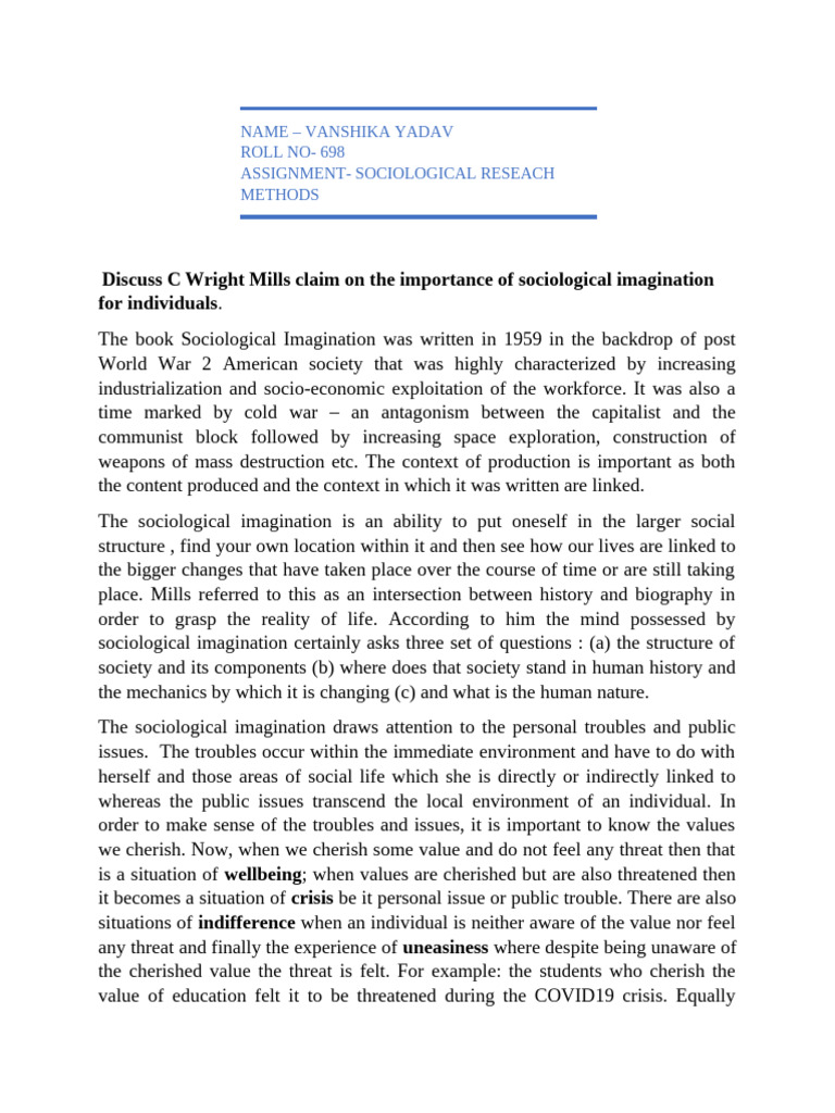 Assignment 1 (The Sociological Research Methods) | PDF | Imagination | Sociology