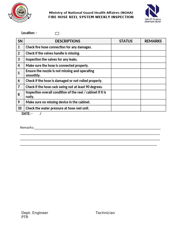FIRE Hose Reel System Checklist | PDF
