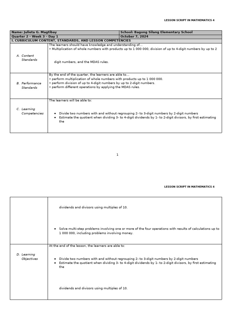 Math 4 Lesson: Dividing Numbers | PDF | Division (Mathematics ...