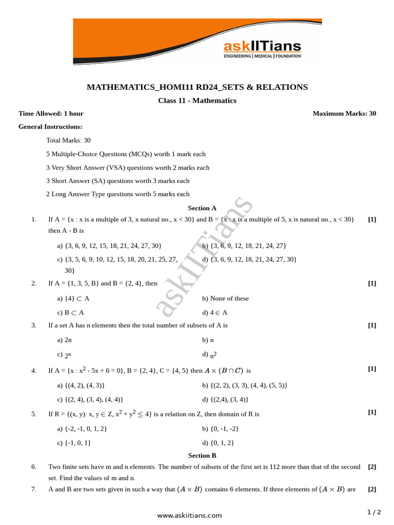 Class 11 Sets and Relations Paper | PDF | Standardized Tests | Tests
