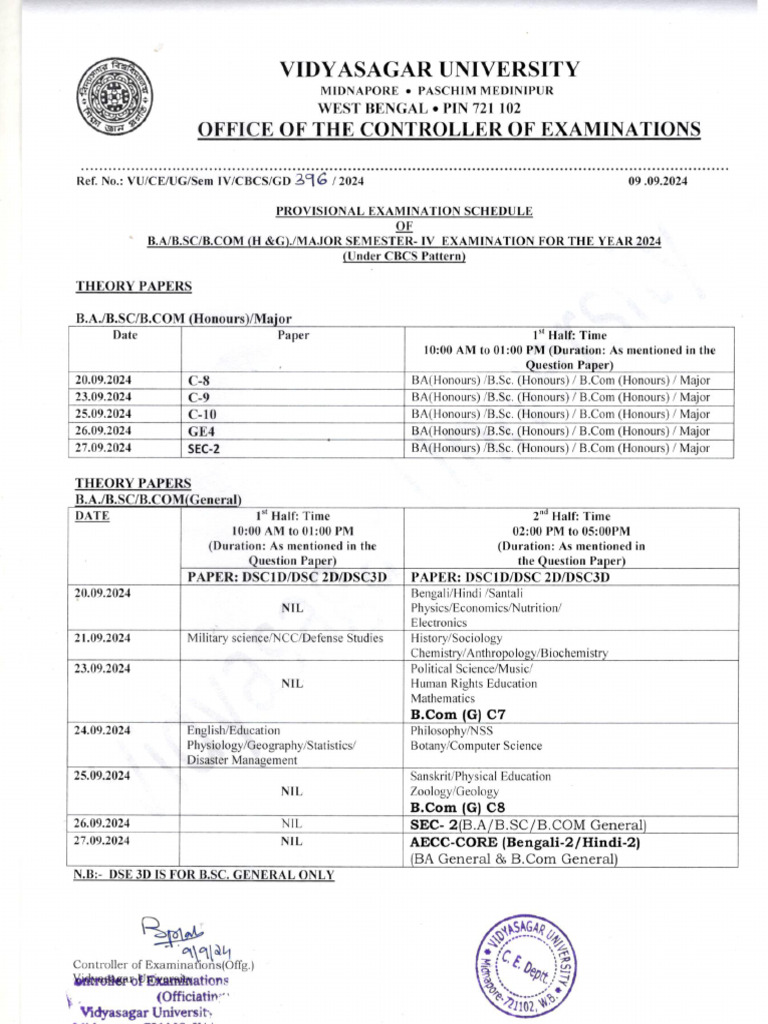 Exam Schedule Ug 4th Semester Exam 2024 | PDF