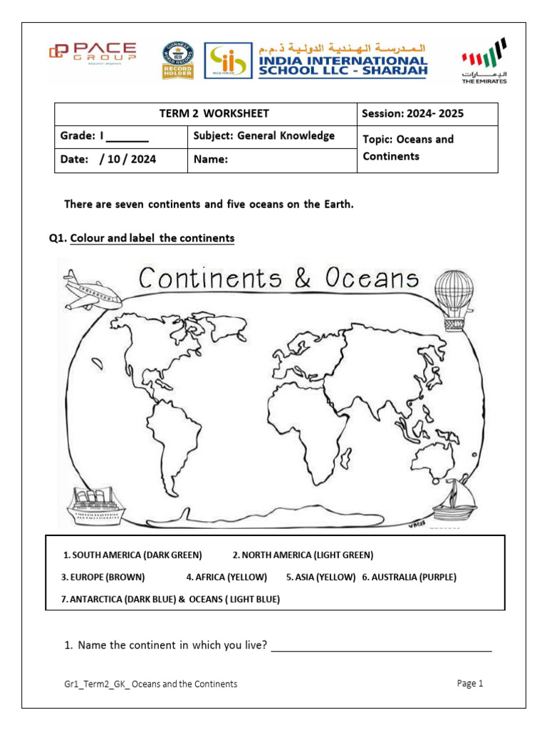 L2 GK Worksheet - Oceans and Continents | PDF | Continent | Oceans
