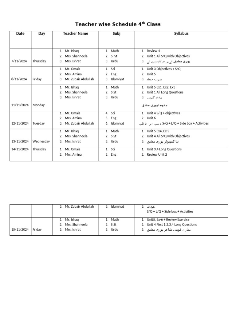 4th Class Teacher Schedule Overview | PDF