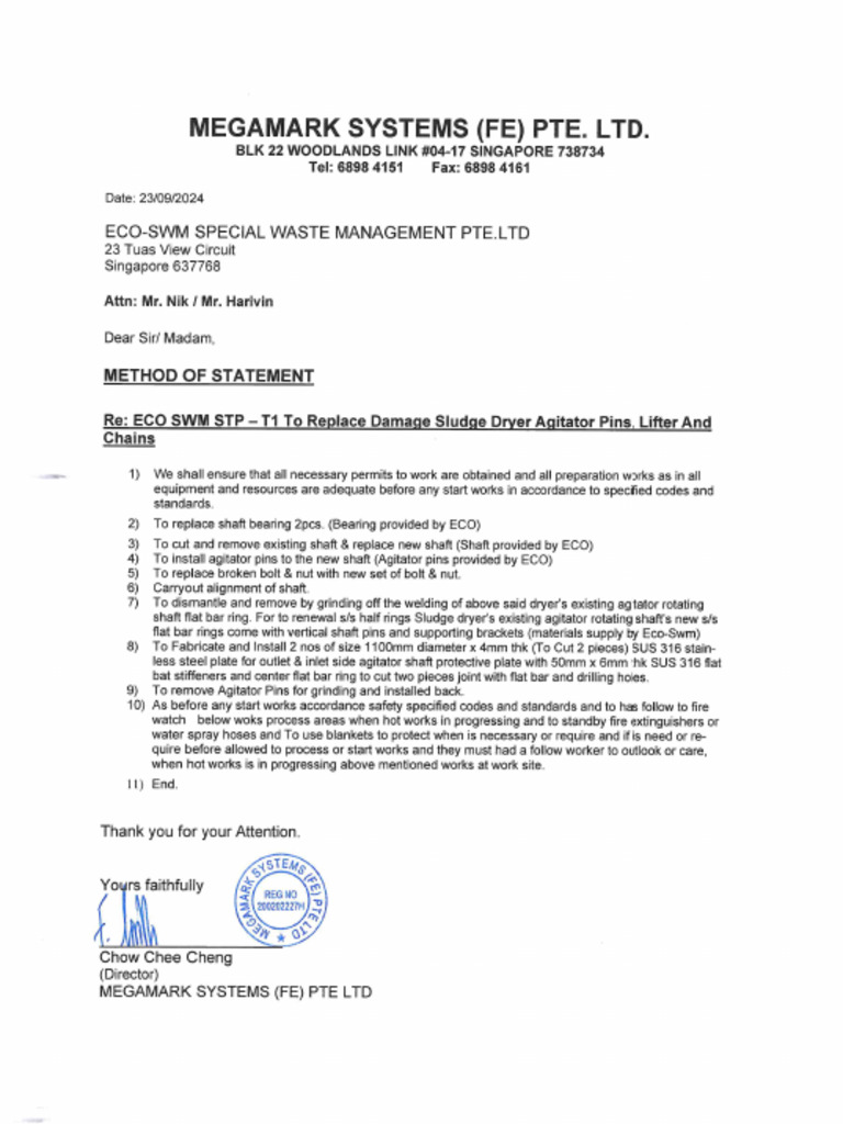 METHOD OF STATEMENT For STP - T1 To Replace Damage Sludge Dryer Agitator Pins, Lifter and Chains ...