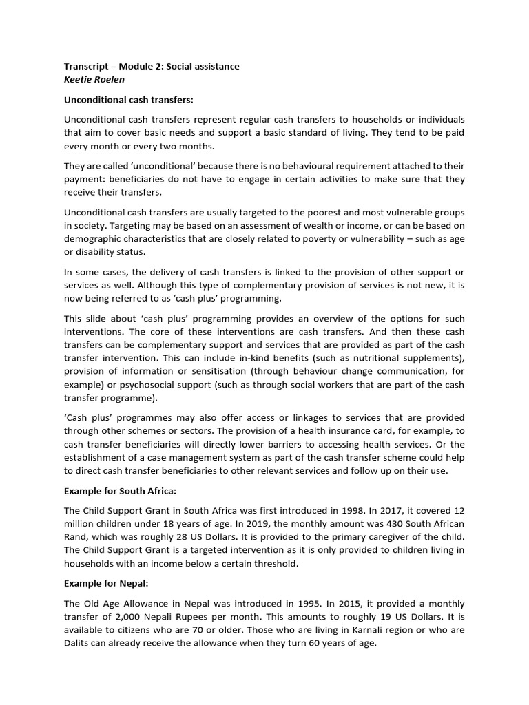 SP Course Transcript - Module 2 - Social Assistance | PDF | World Food ...