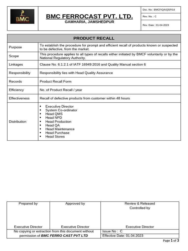 Product Recall Procedure | PDF