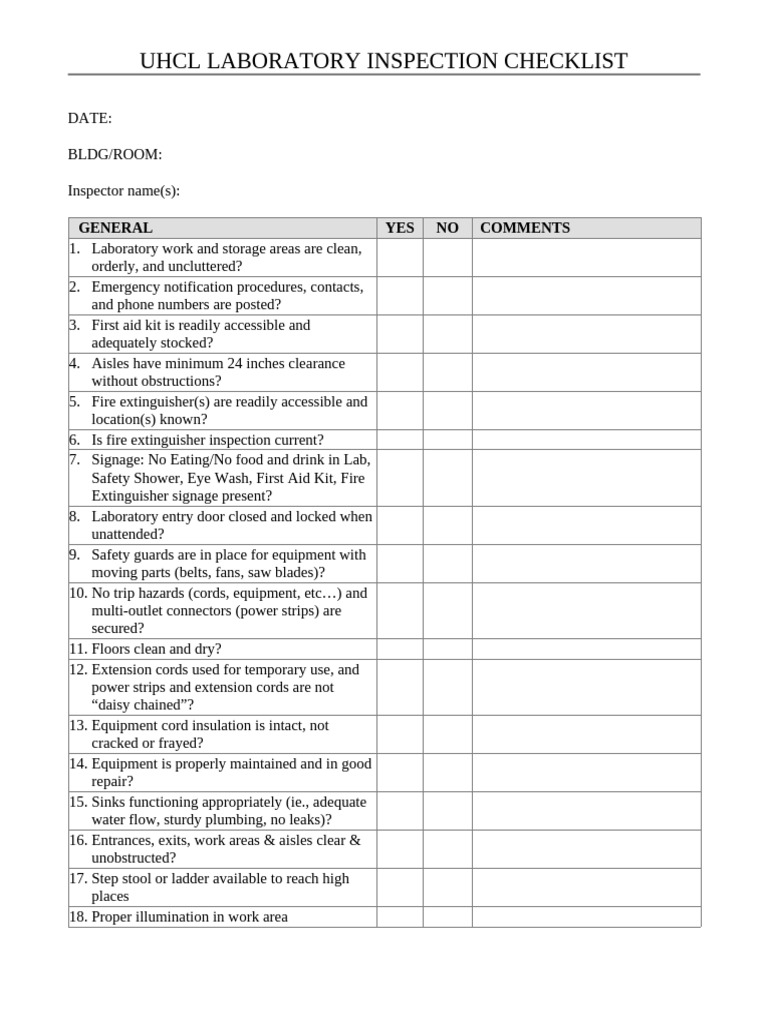 General Lab Inspection Checklist | PDF | Personal Protective Equipment | Laboratories