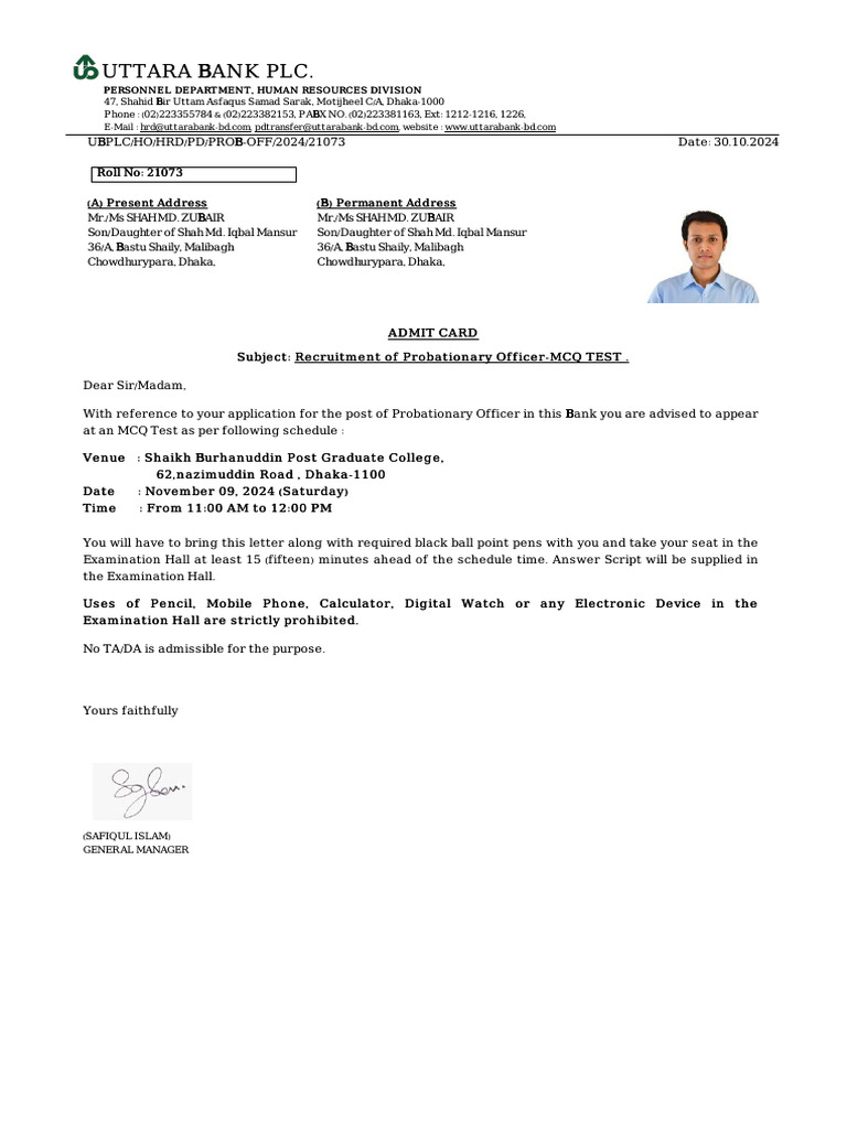 Uttara Bank Admit | PDF
