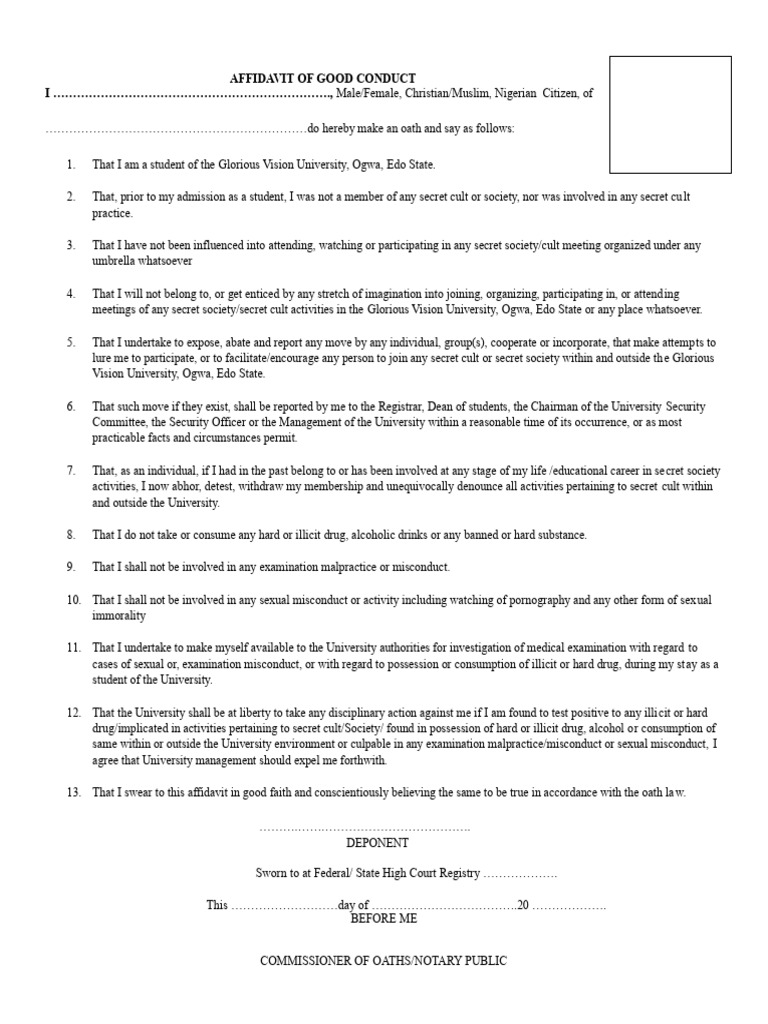 Gvu Affidavit For Good Conduct | PDF | Social Aspects Of Psychoactive ...
