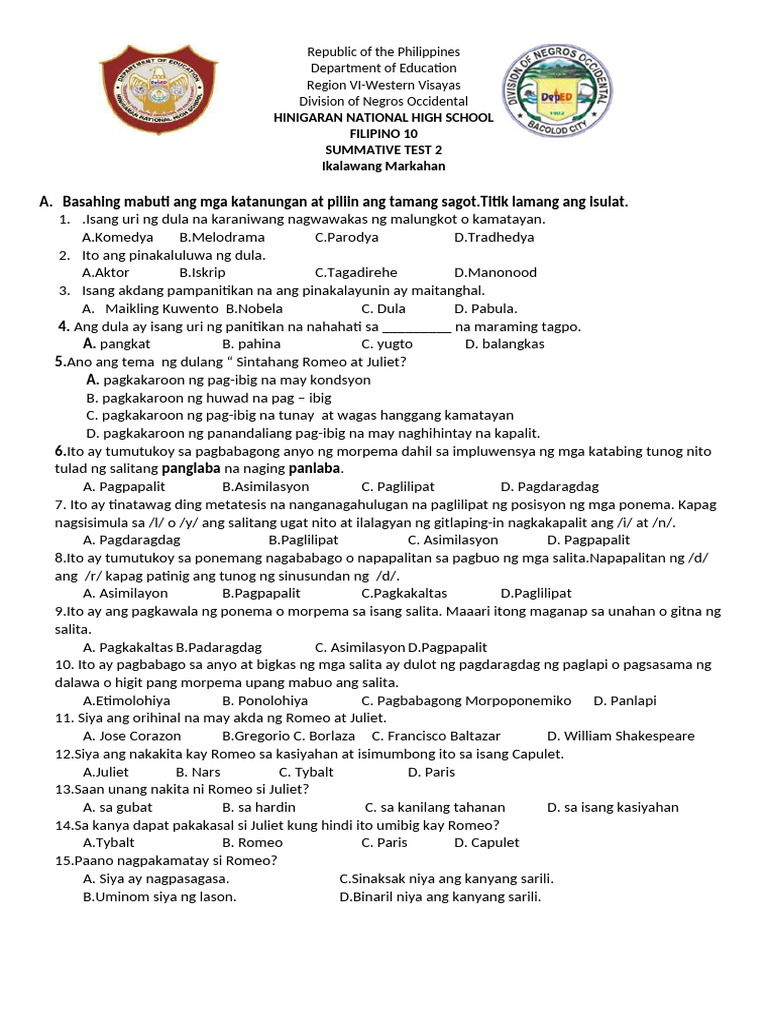 SUMMATIVE TEST Q2 Week 2 | PDF