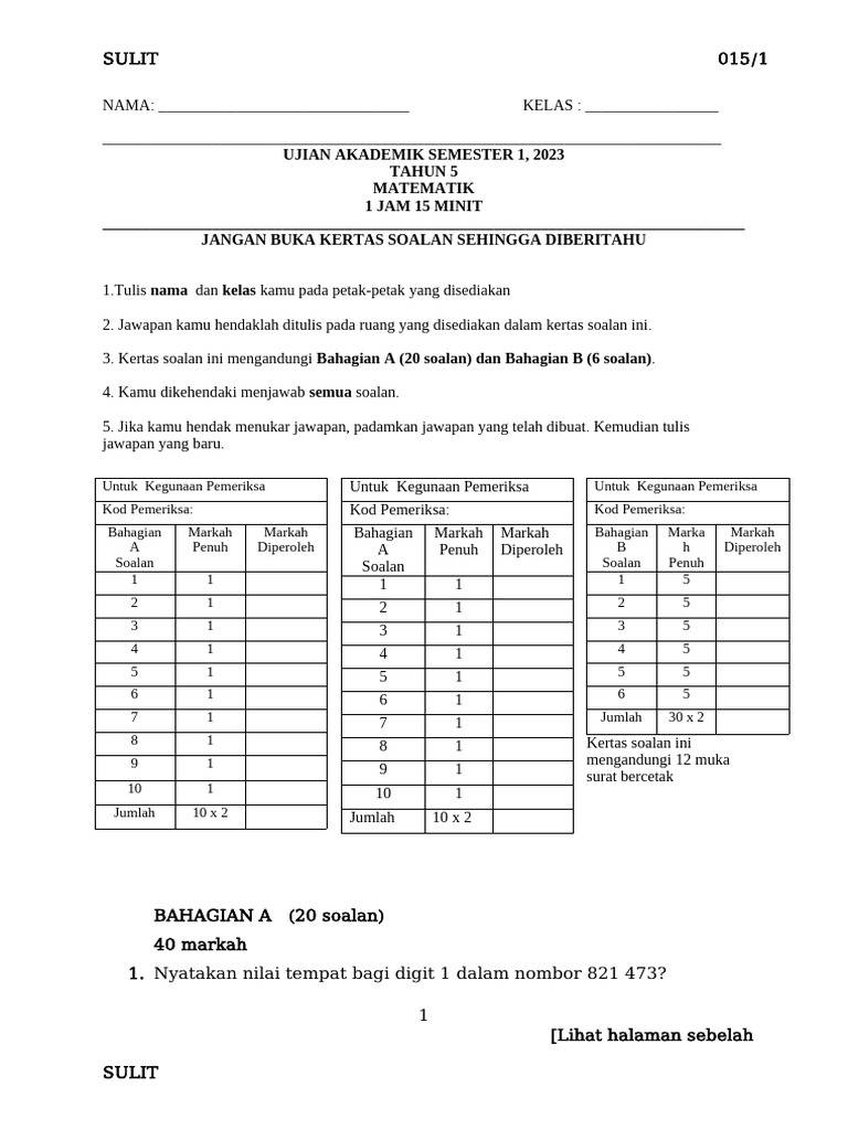 Ujian Akademik Semester 1 2023 - Kertas 1 t5 | PDF