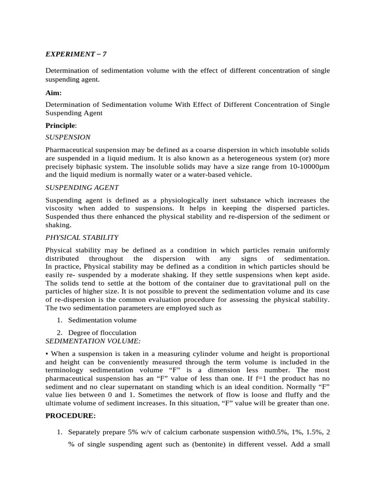 PP II EXPERIMENT 7 Sedimentation Volume With Multiple Suspending Agent ...