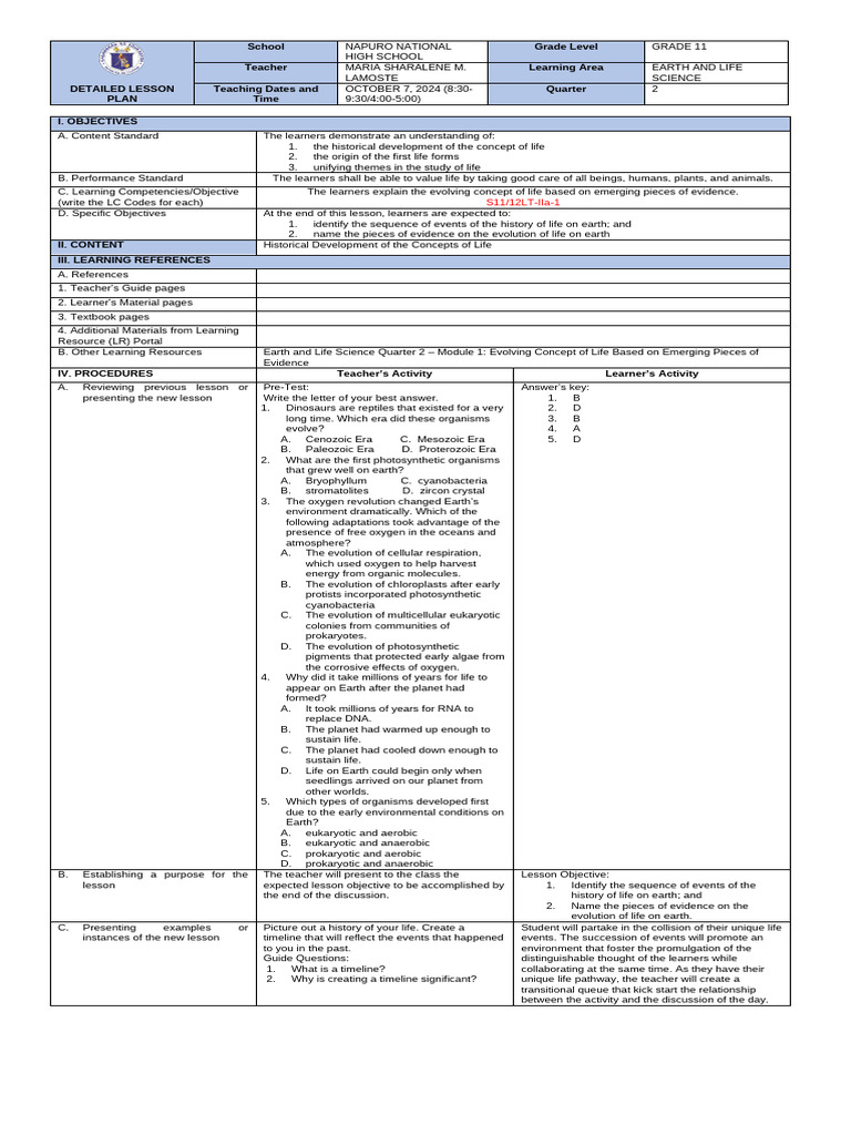Evolution of Life: Grade 11 Lesson Plan | PDF | Cyanobacteria | Eukaryotes