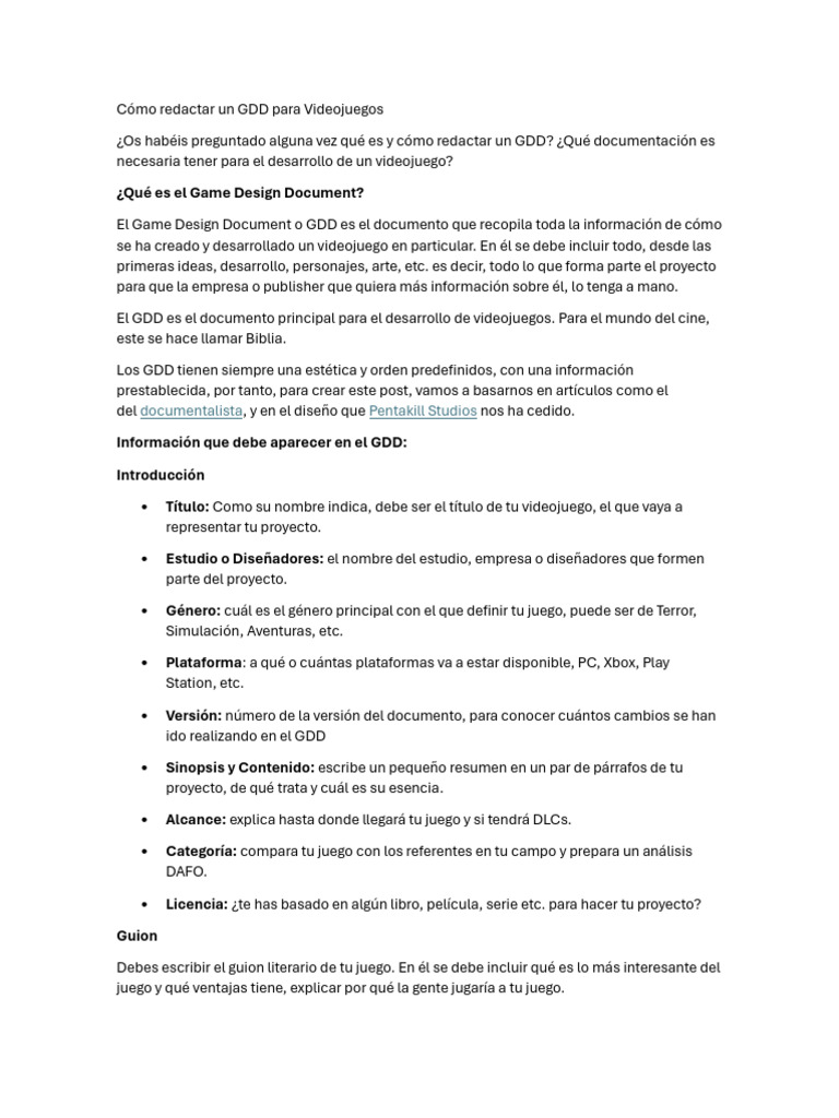 Cómo Redactar un GDD para Videojuegos | PDF | Videojuegos | Videojuego ...