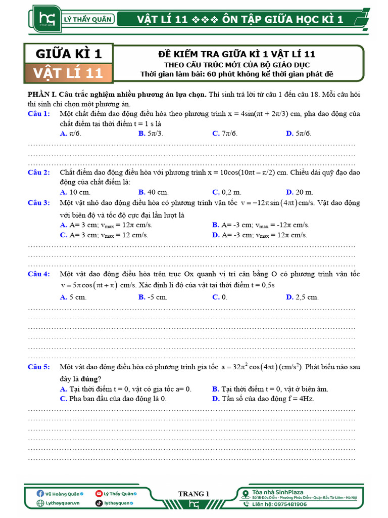 Đề Gk1 Vật Lí 11 2 | PDF