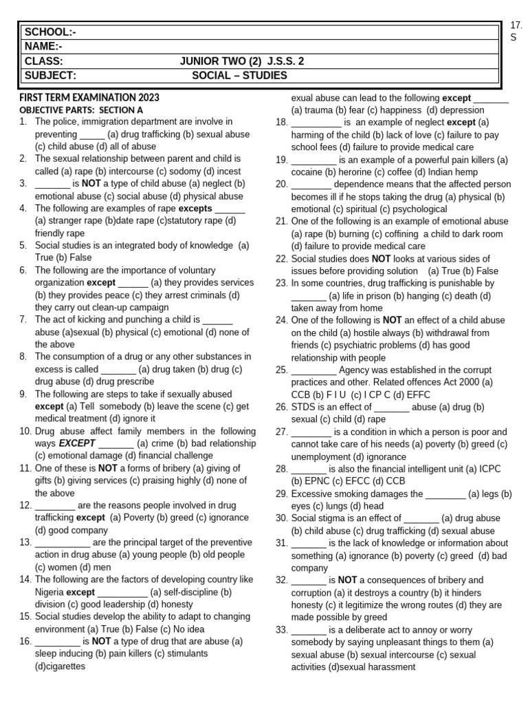 Social Studies JS2 Exam 1ST Term | PDF | Child Abuse | Rape