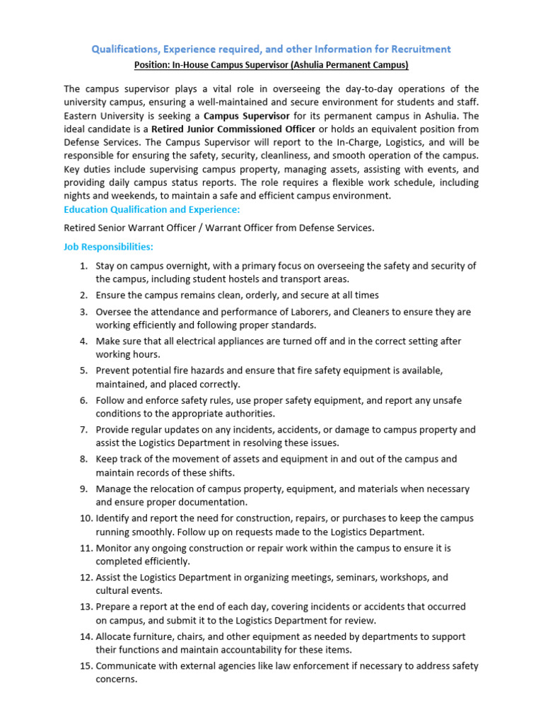 Campus Supervisor (In-House) | PDF | Logistics | Fire Safety