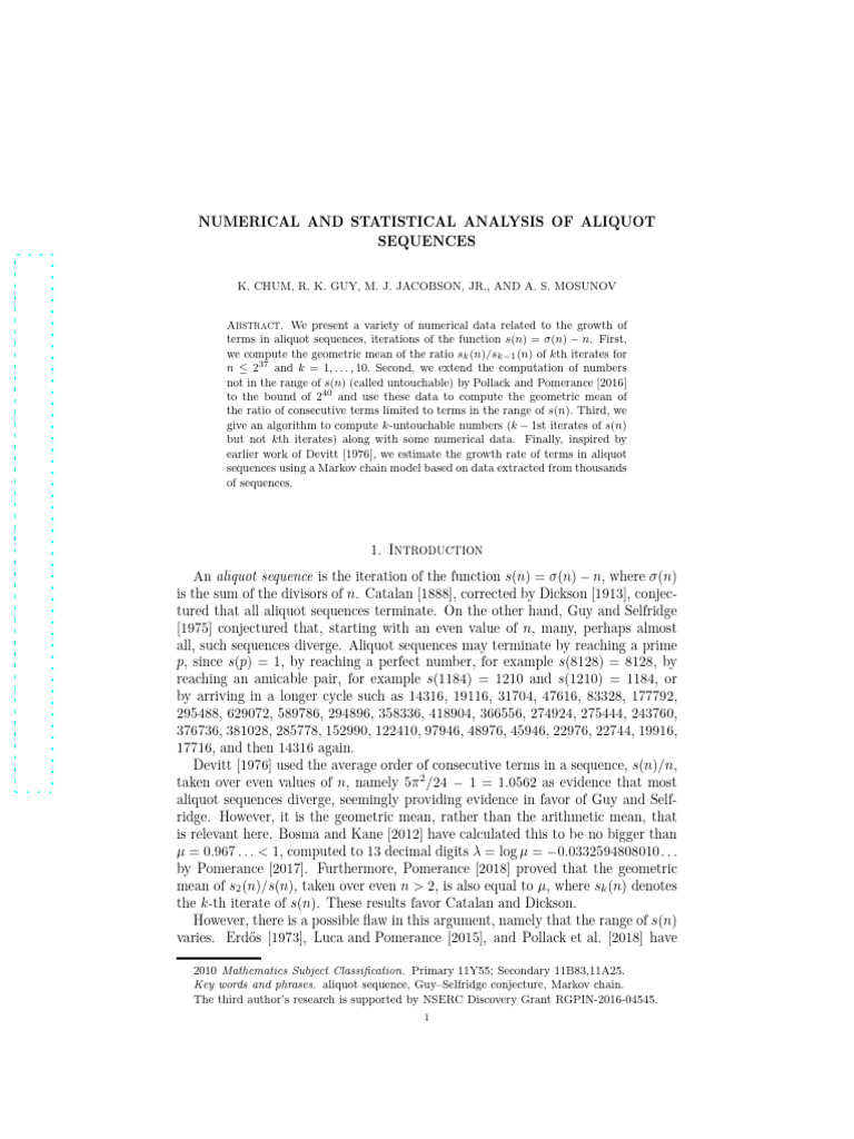 Numerical And Statistical Analysis Of Aliquot Sequences: s n σ n n σ n ...