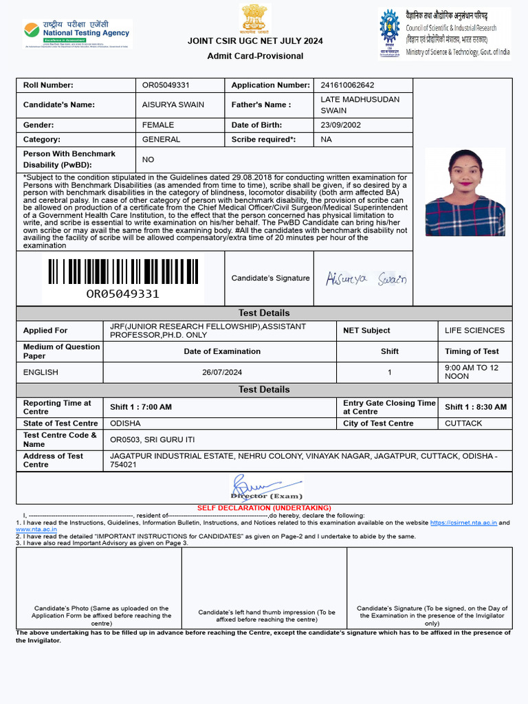 JOINT CSIR-UGC NET JUNE-2024 - India | PDF | Identity Document