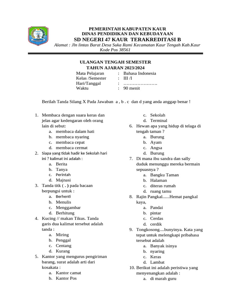 Soal Mid Kelas 3 Bhs Indonesia | PDF