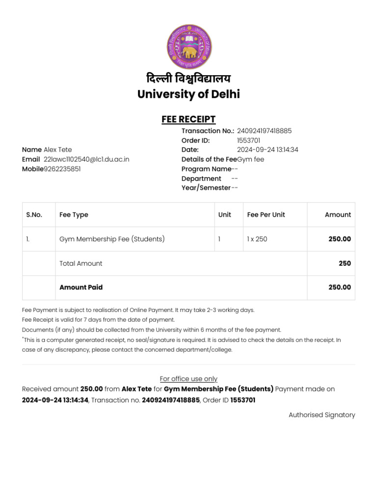 Delhi University Gym Fee Receipt | PDF