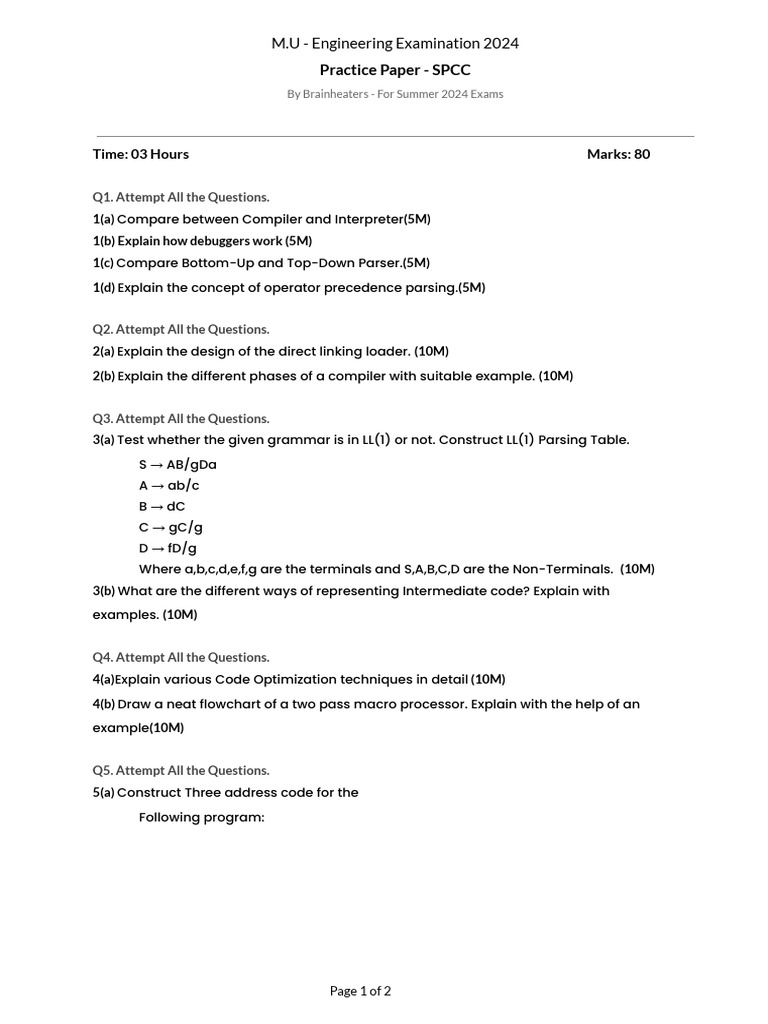 SPCC Comps Sem6 Practice Papers | PDF | Formalism (Deductive) | Grammar