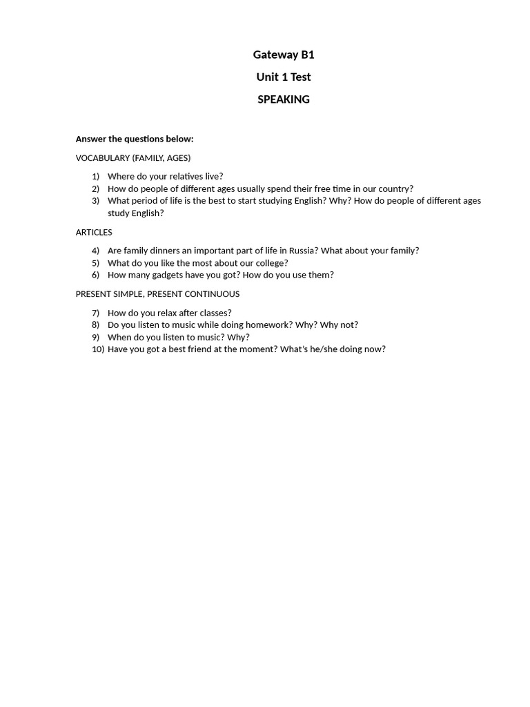 Gateway B1 Unit 1test SPEAKING | PDF