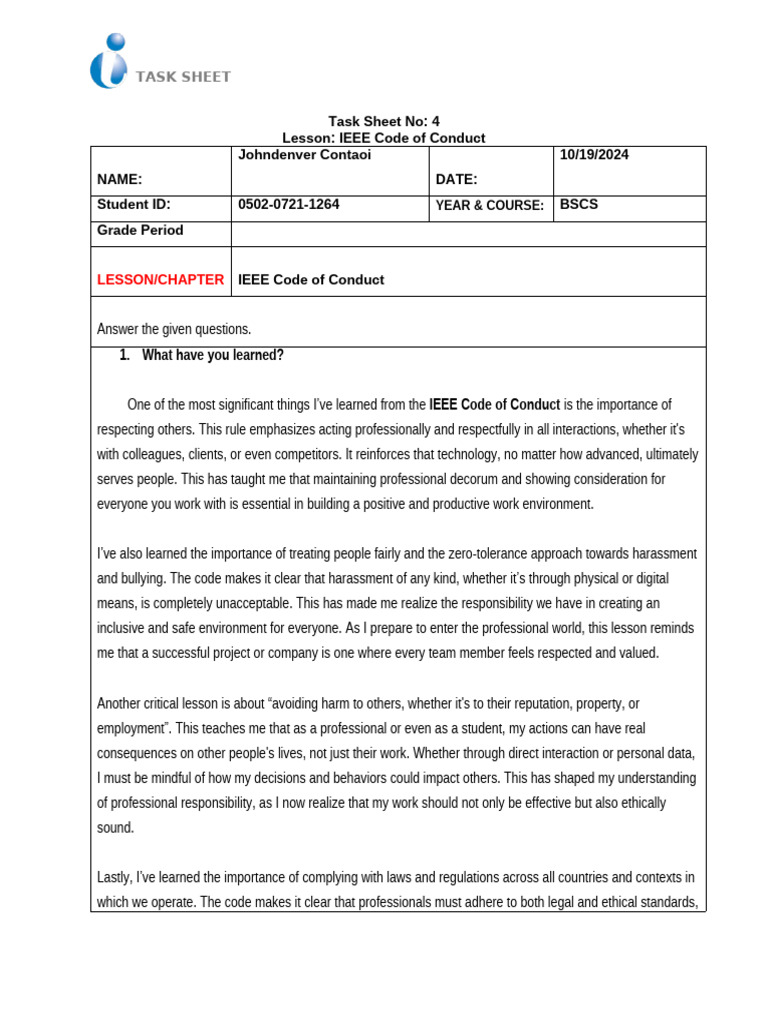 Task Sheet 4 - IEEE Code of Conduct | PDF | Psychological Concepts ...