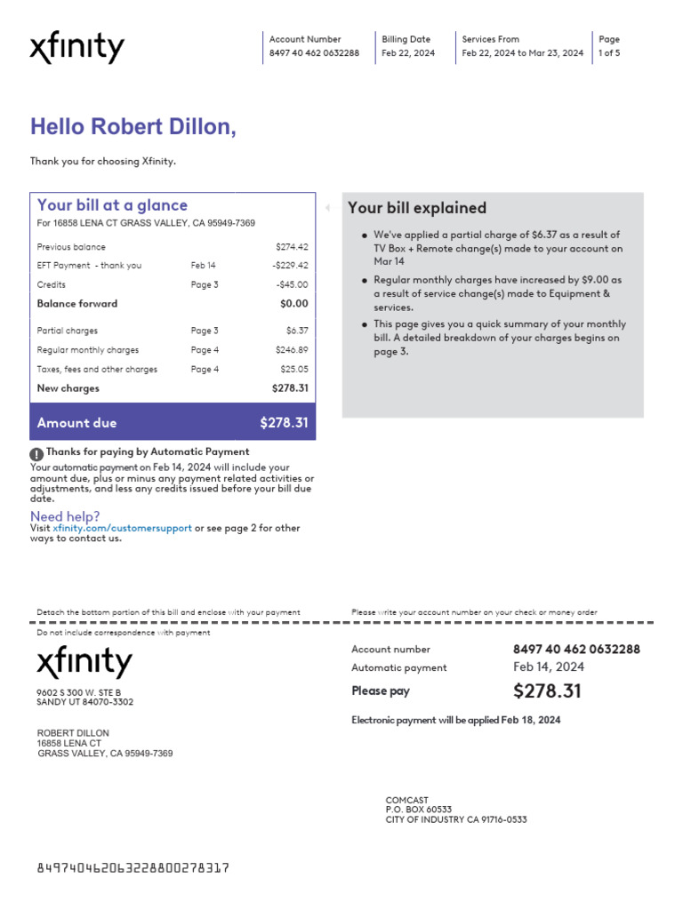 Xfinity Monthly Bill Summary 2024 | PDF | Fee | Payments