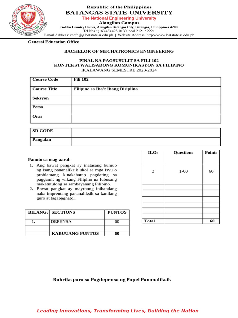 Pinal Na Pagsusulit Fil 102 | PDF