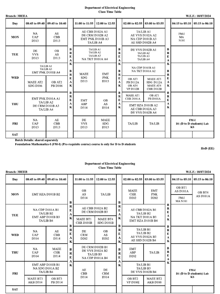 Class Time Table 3BEEA & 3BEEB | PDF