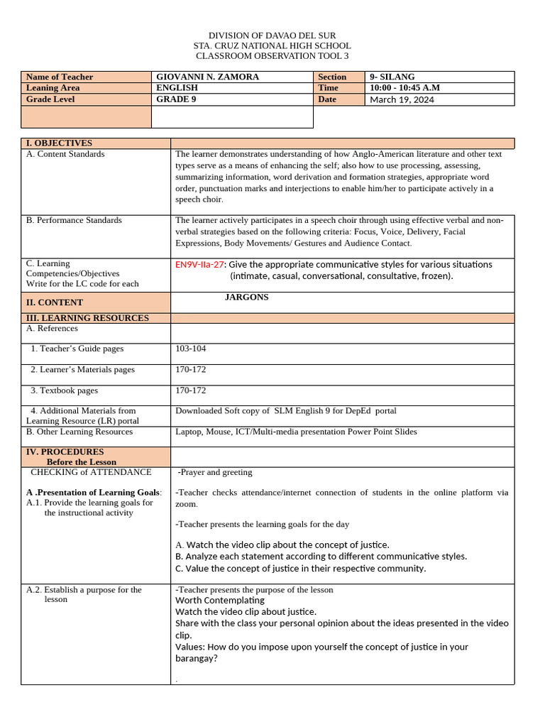 Name of Teacher Giovanni N. Zamora Section 9-Silang Leaning Area ...