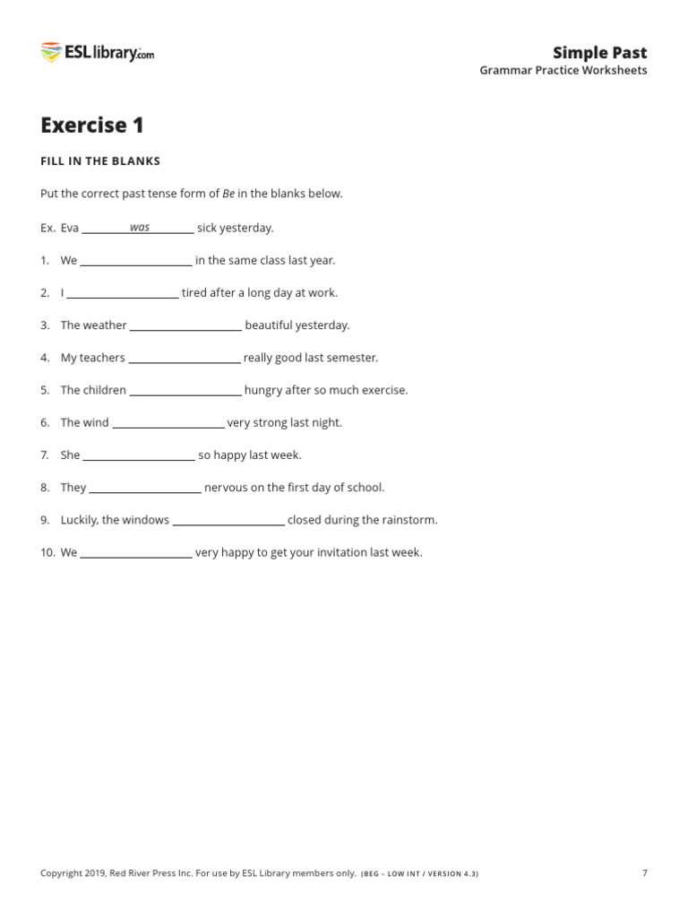 Simple Past - Grammar Practice Worksheets - ESL Library | PDF
