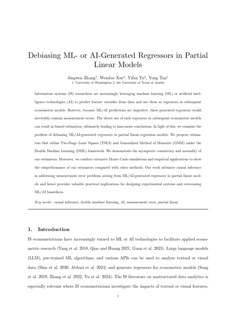 Debiasing ML-or AI-Generated Regressors in Partial Linear Models | PDF | Linear Regression ...