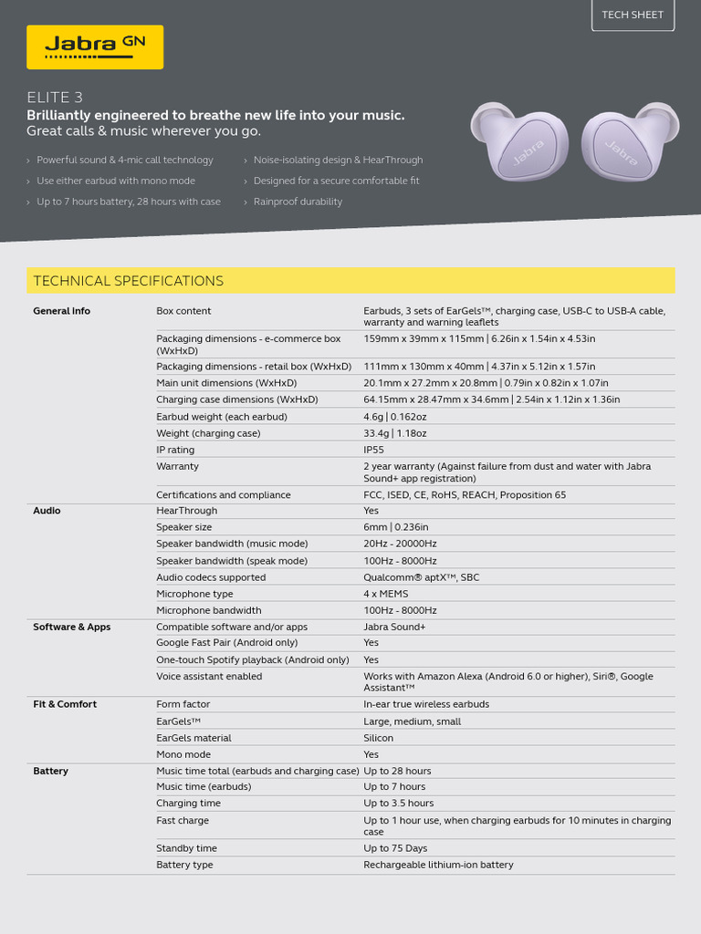En Jabra Elite 3 Tech Specs A4 Web 210721 | PDF | Headphones | Bluetooth