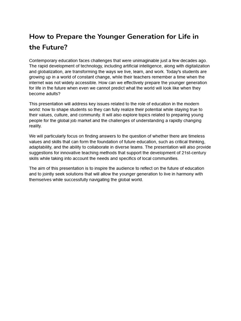 How To Prepare The Younger Generation For Life in The Future | PDF ...