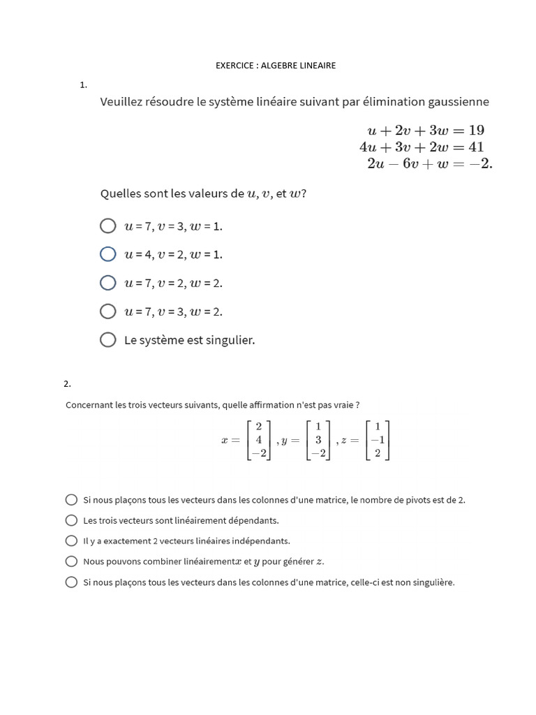 EXERCICE Alg Lin | PDF