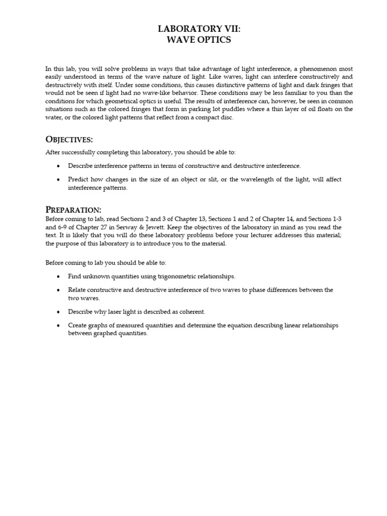 Lab 7 Wave Optics | PDF | Diffraction | Optics