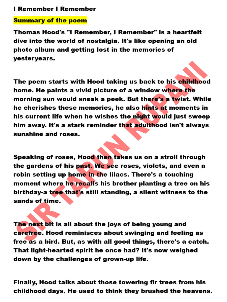 I Remember I Remember | PDF | Poetry | Nostalgia