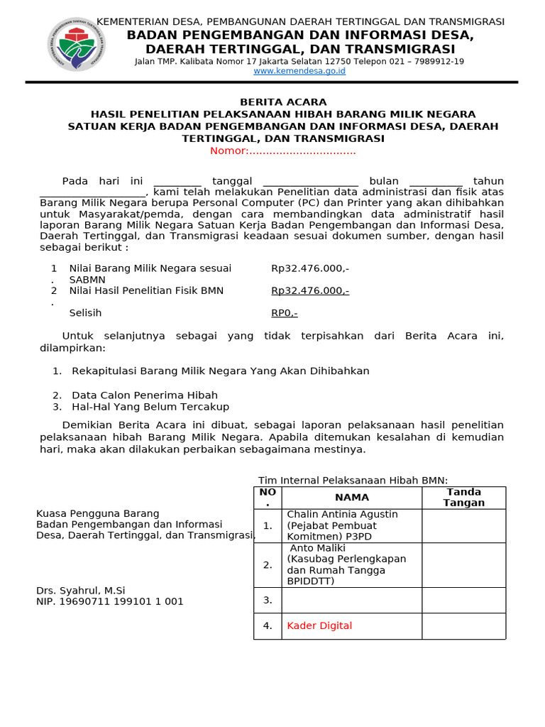 Form BA Hasil Penelitian Hasil Hibah BMN Dan Lampiran - 20241028 | PDF