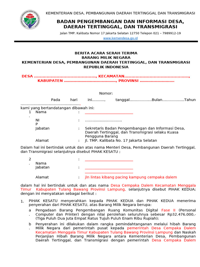 Form Berita Acara Serah Terima 2024 Dan Lampiran - 2024 | PDF