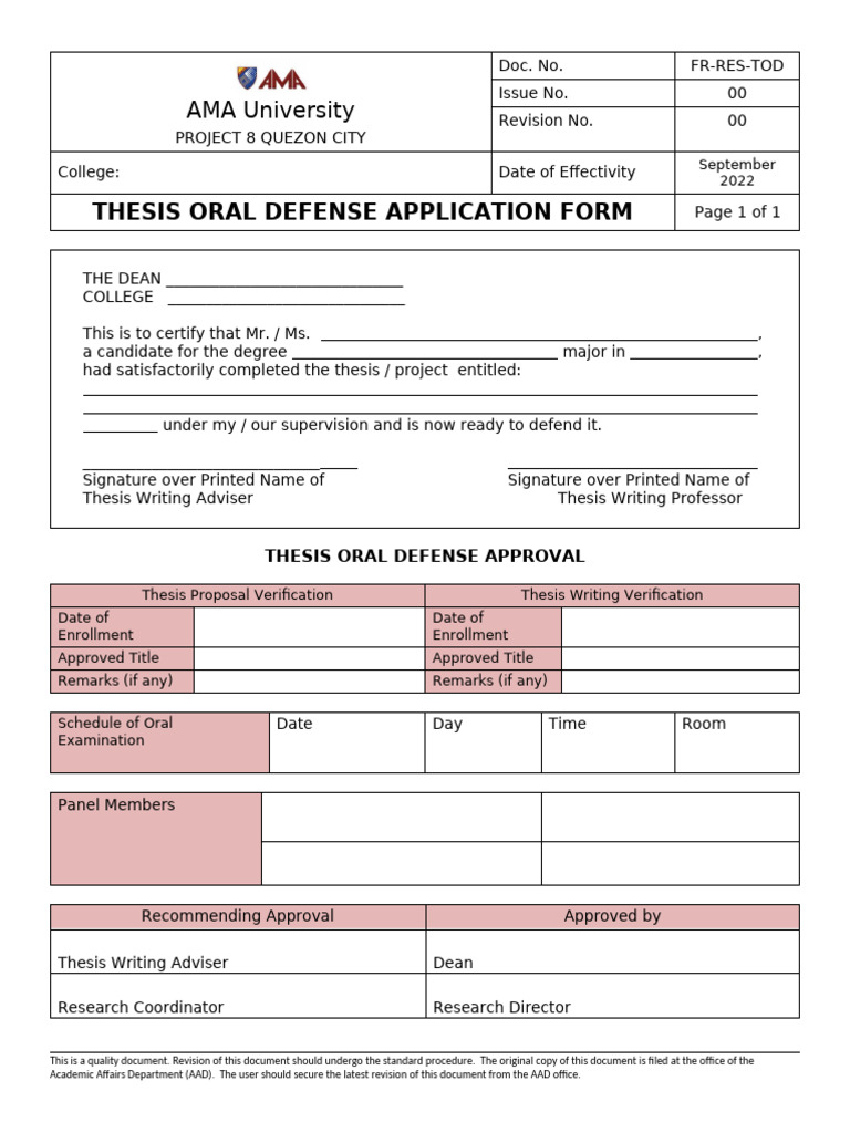 FR RES TOD Thesis Oral Defense Application Form | PDF | Thesis