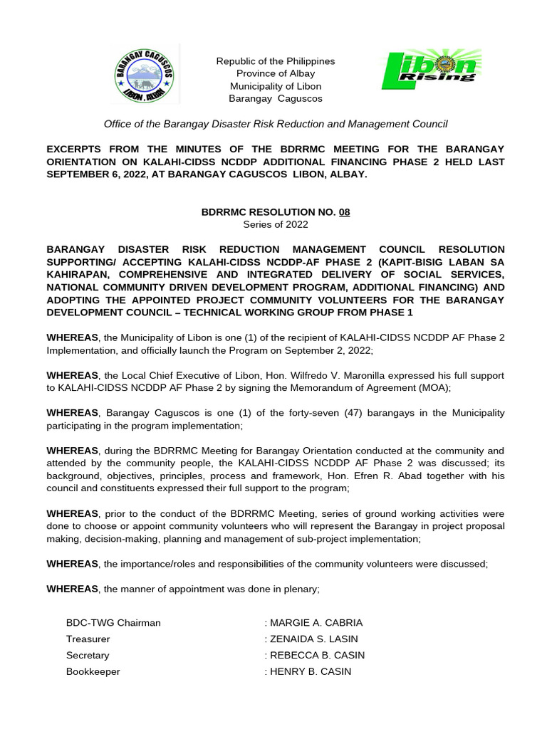 CAGUSCOS Reso Accepting AF P 2 and Adopting BDC TWG | PDF | Government